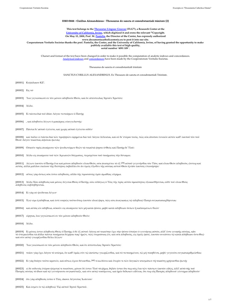 0370-0444, Cirillus Alexandrinus, Thesaurus de Sancta Et Consubstantiali Trinitate (2), MGR | PDF