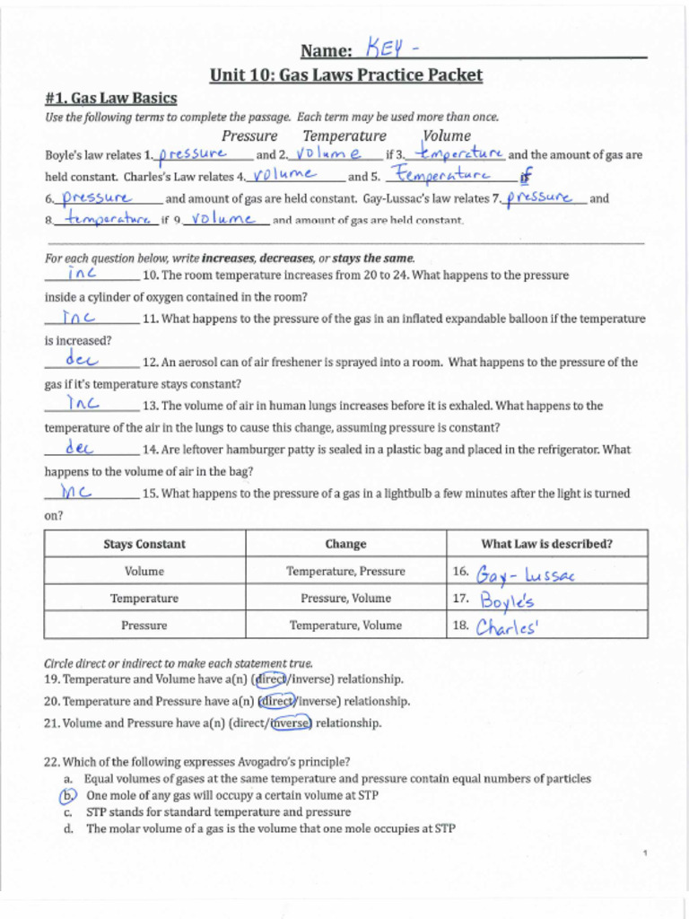 Gas Laws Packet KEY Answers Only | PDF