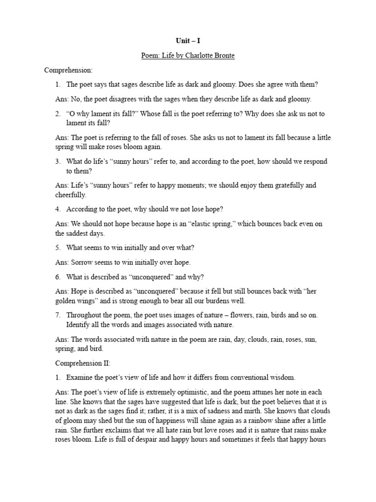 Unit I Poem 1. Life by Charlotte Bronte | PDF | Poetry | Charlotte Brontë
