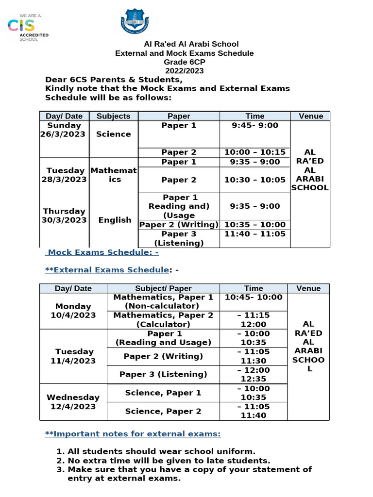Grade 6CP Exam Schedule 2023 | PDF