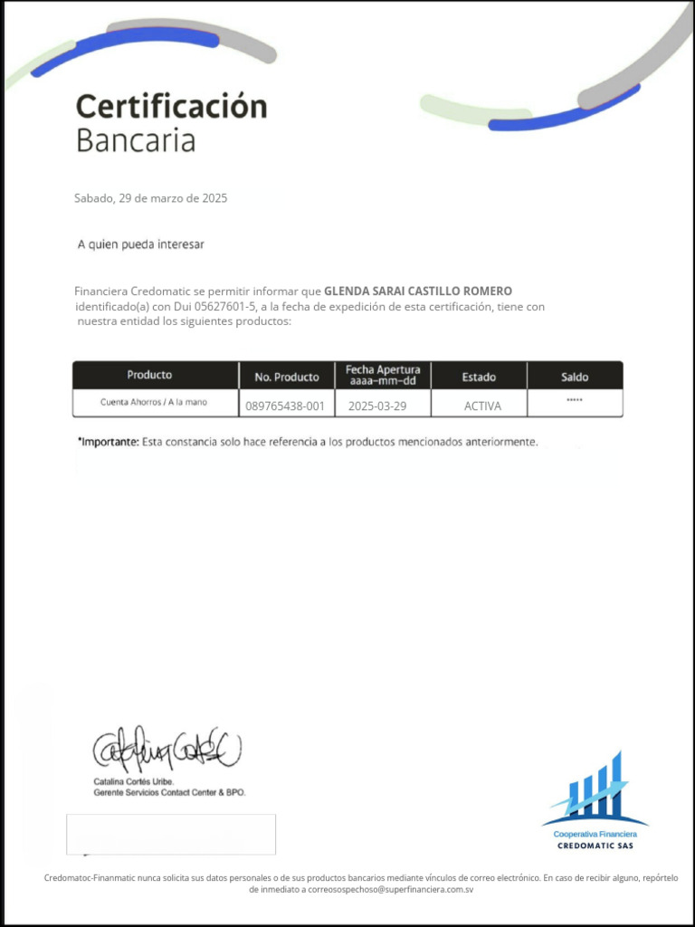 Certificación Bancaria de Credomatic | PDF