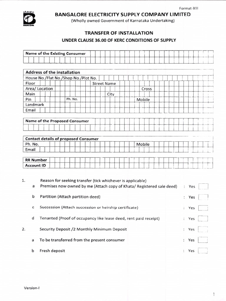 BESCOM Meter Name Change Form | PDF