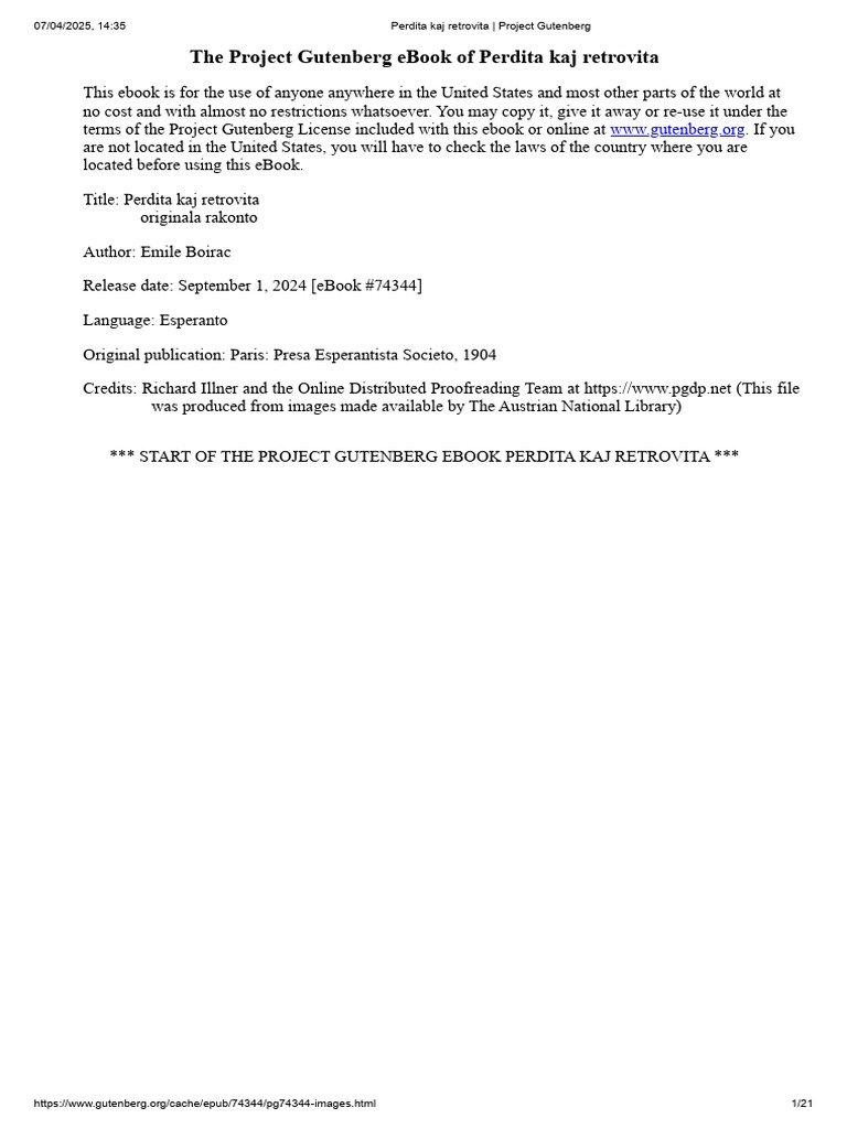 Perdita kaj retrovita _ Project Gutenberg | PDF