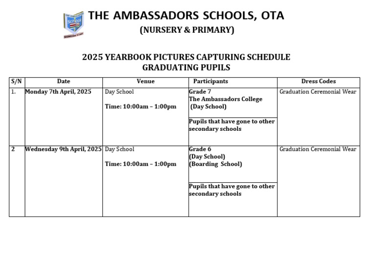 Schedule For Graduating Pupils - 015652 | PDF