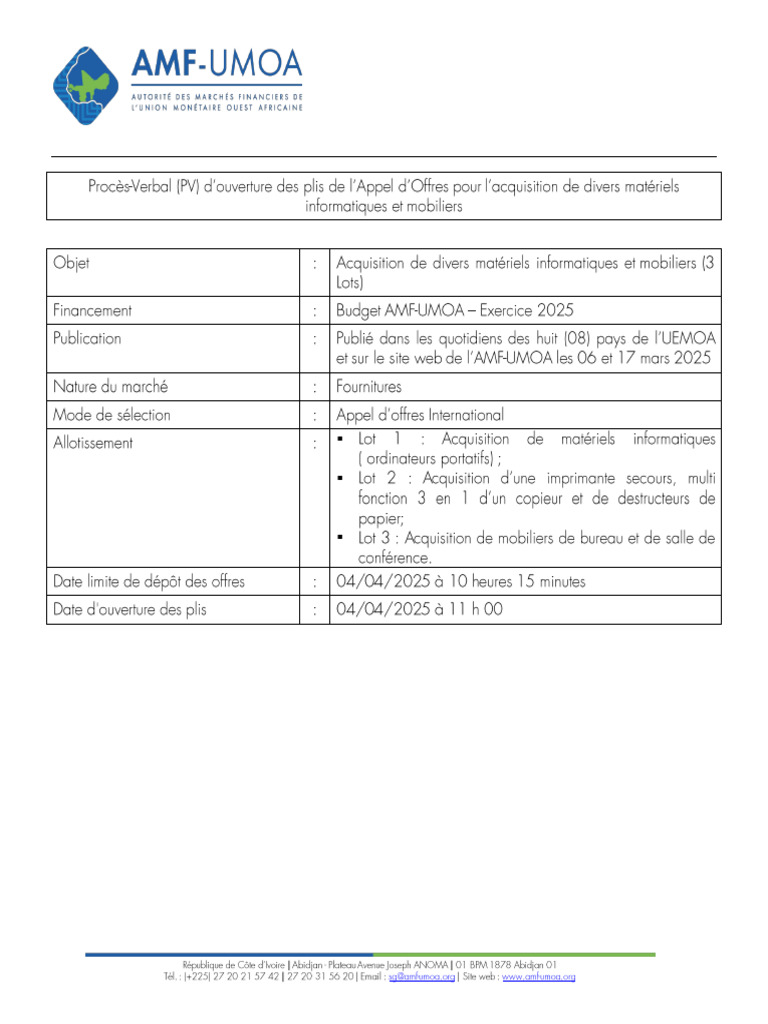 PV d'Ouverture de Plis_ AOI- N° 01-2025_AMF-UMOA du 04 MARS 2025 | PDF