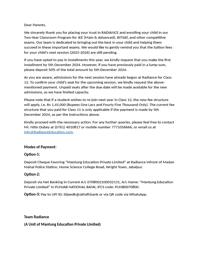 Fee Reminder 2024 | PDF