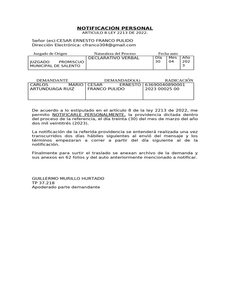 NOTIFICACION PERSONAL art.8 ley 2213 de 2022 | PDF