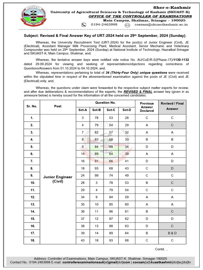 Skuast Answer Key 19102024 | PDF