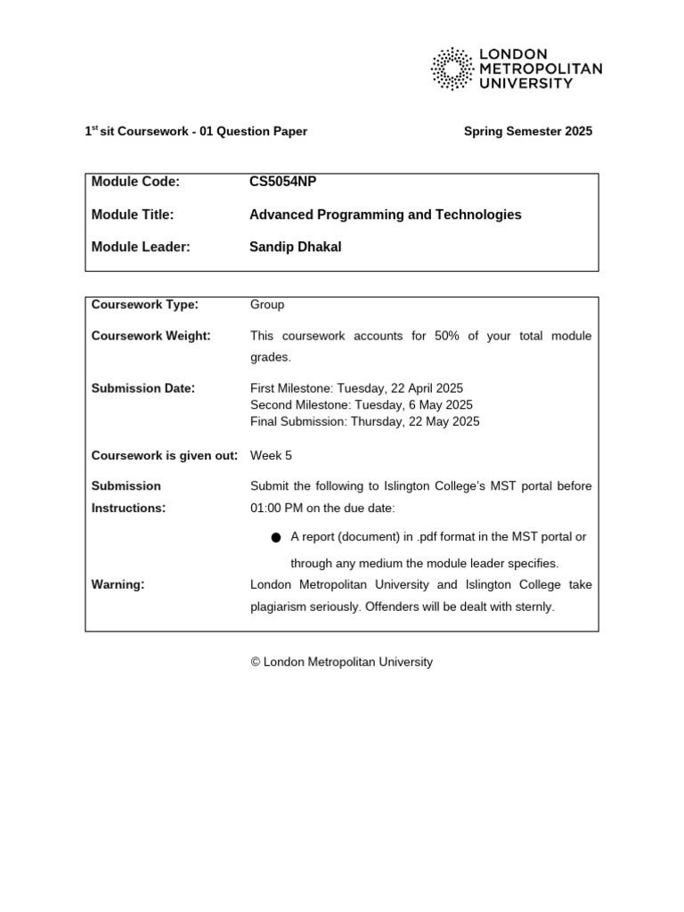 CS5054NP - Advanced Programming & Technologies Y24-25 Autumn CW1 QP Main-Sit | PDF | Model–View ...