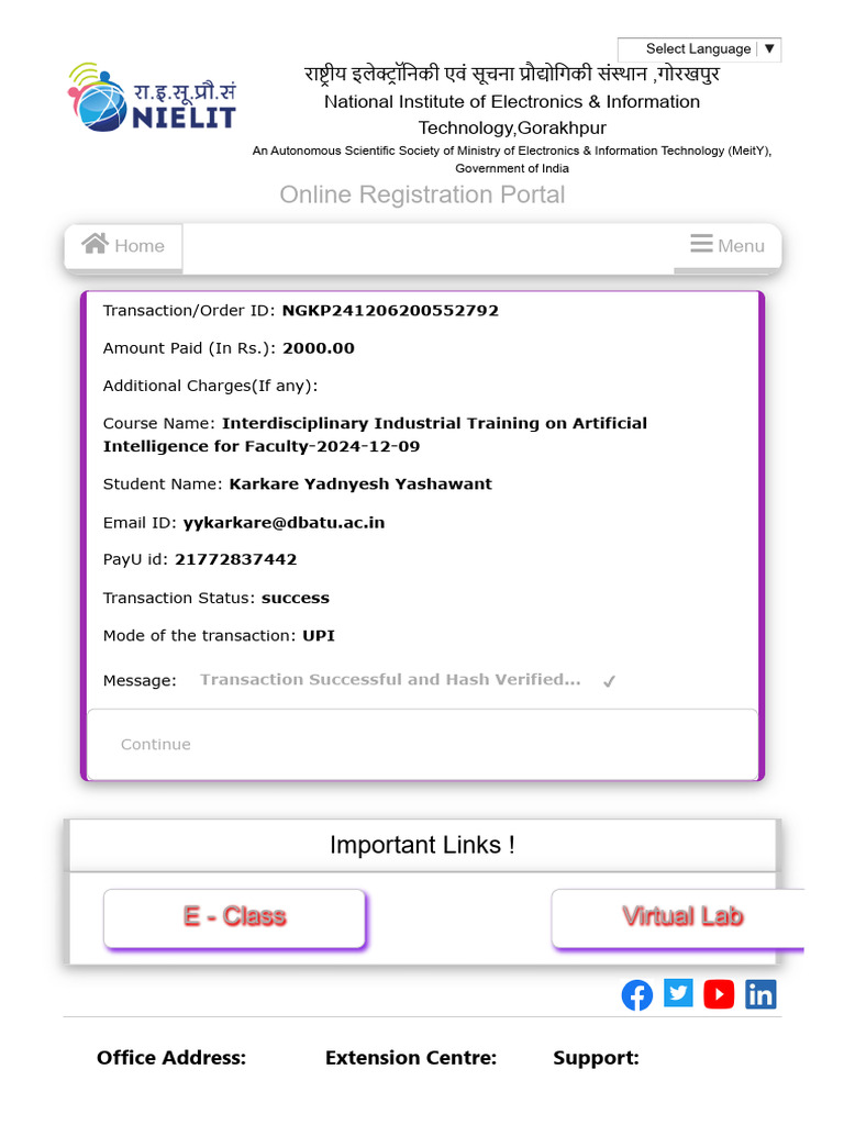 Payment Successful - NIELIT Gorakhpur | PDF