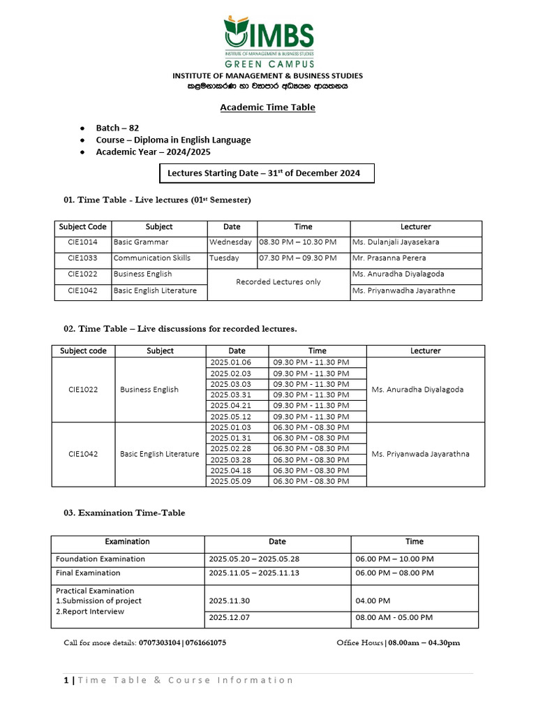 Academic Time Table | PDF