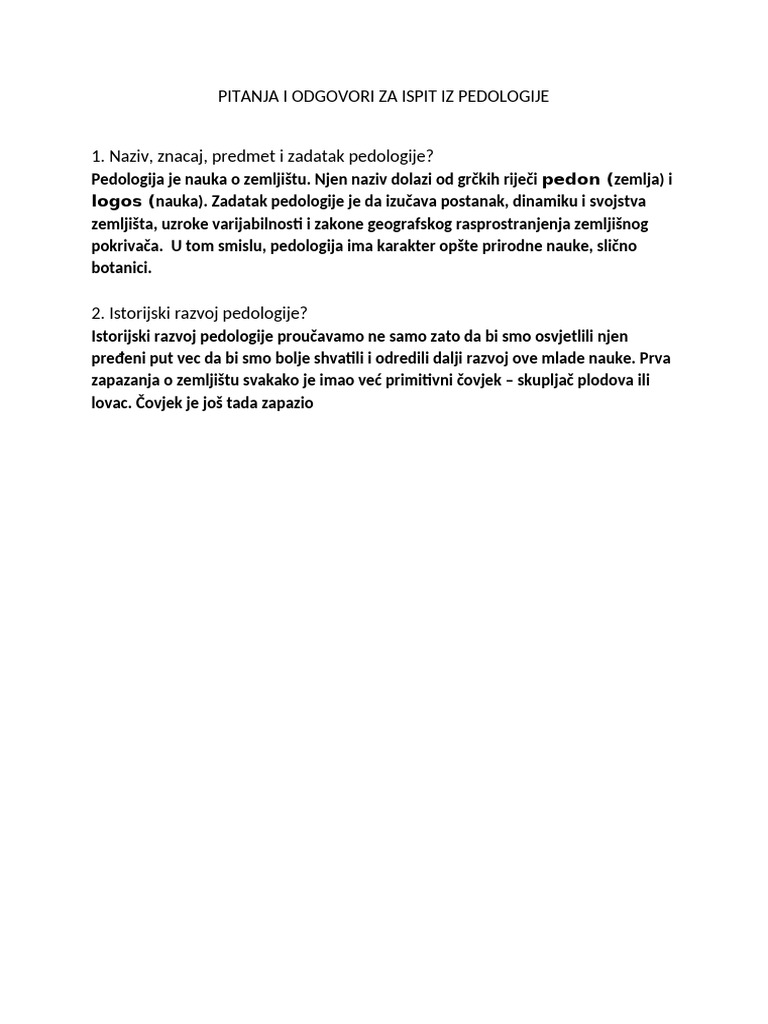 Pitanja I Odgovori Za Ispit Iz Pedologije | PDF