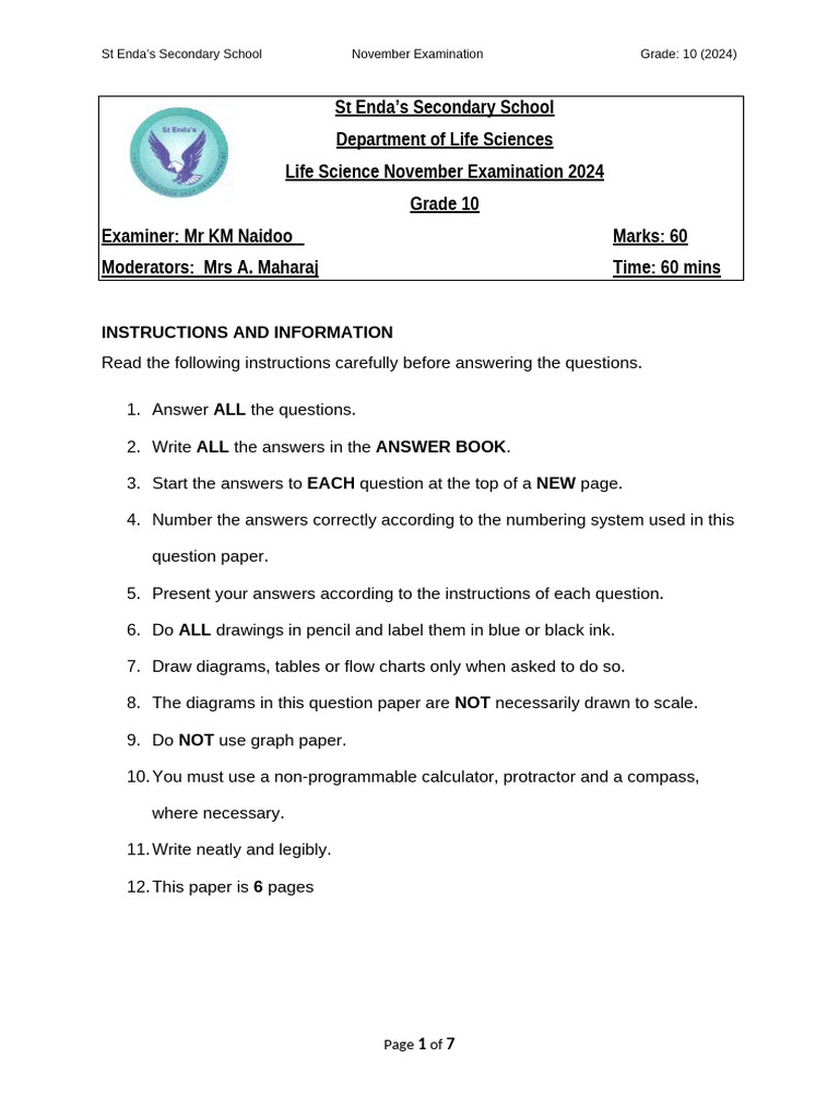 Grade 10 Life Science November Exam 2024 | PDF | Tissue (Biology) | Mitosis
