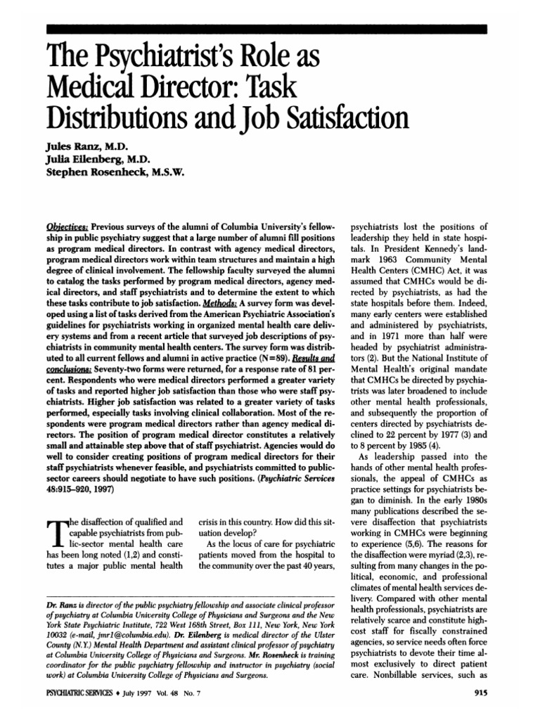 The Psychiatrist's Role As Medical Director: Task Distributions and Job ...