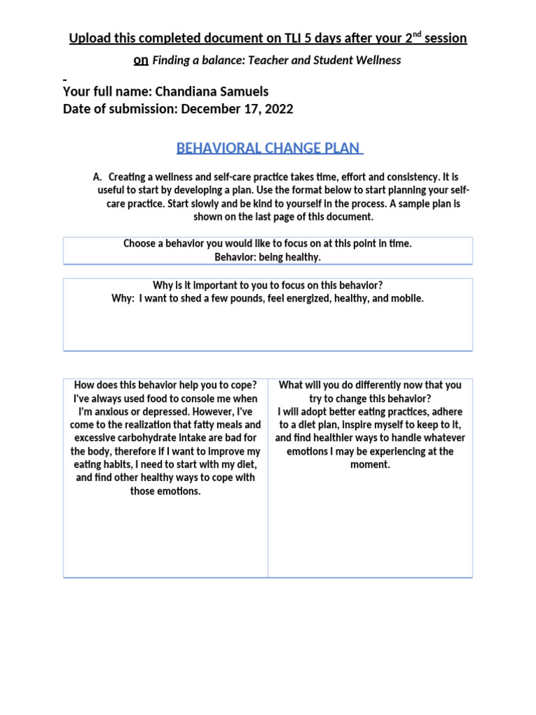 Behavioral Change Plan for Wellness | PDF | Social Psychology ...