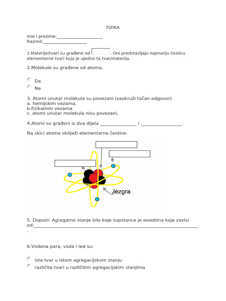 Fizika-Atom, Molekula, Agregatno Stanje Kontrolni | PDF