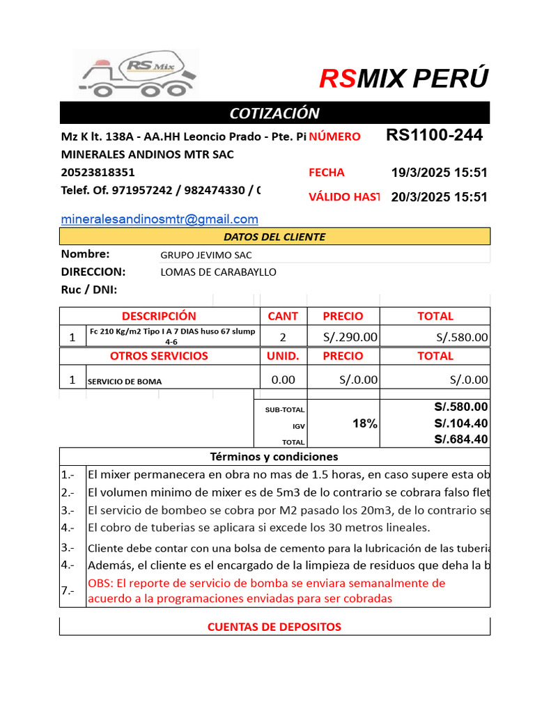 Cotizaciones RS Mix Perú - Grupo Jevimo Sac Atencion 19-03 - Cotización Con Igv | PDF
