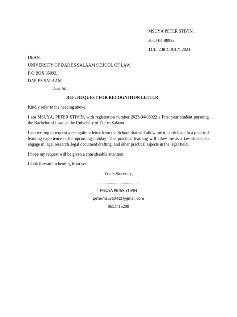Request for Law Student Recognition Letter | PDF
