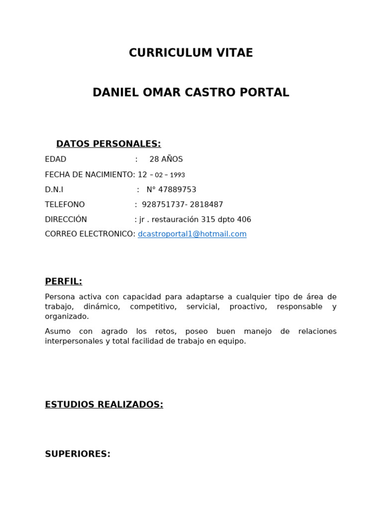 Curriculum Vitae Daniel Omar Castro Portal: Datos Personales | PDF