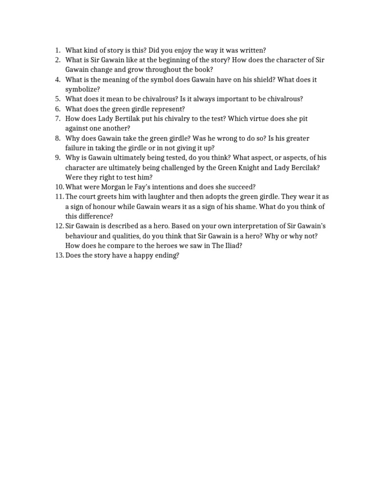 Questions About Sir Gawain and The Green Knight | PDF