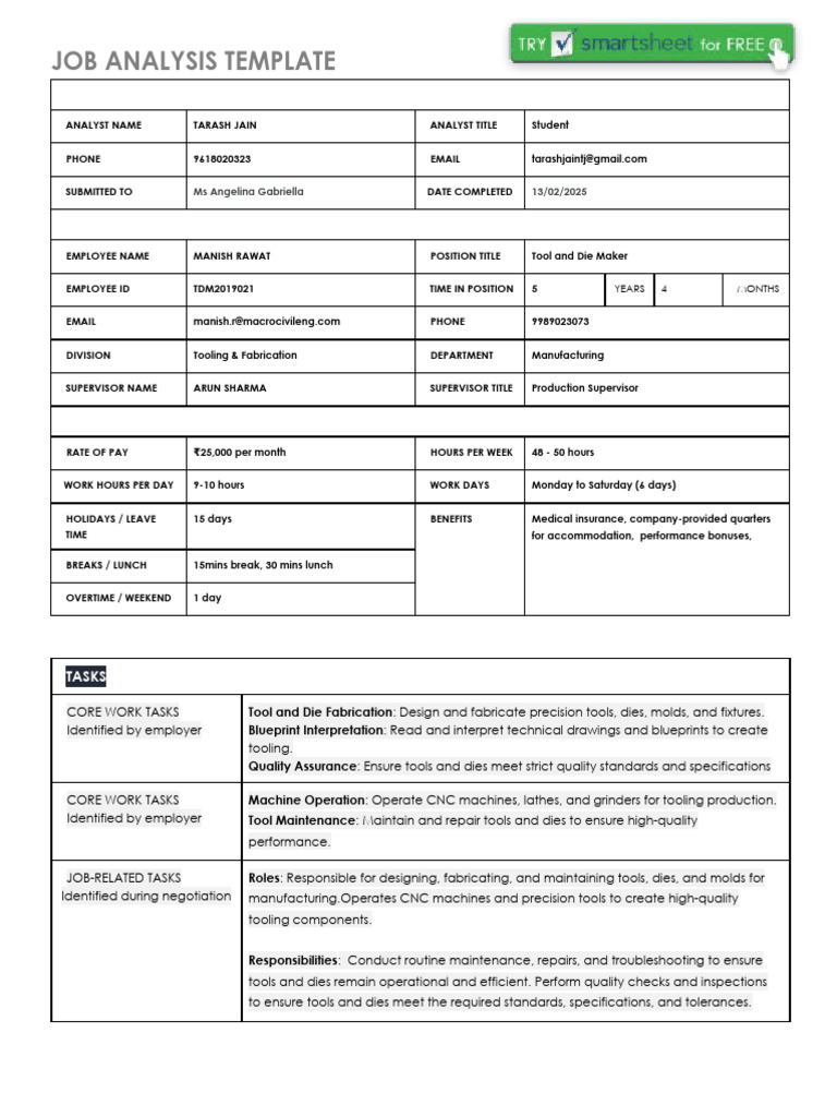Job Analysis - Tool & Die Maker | PDF | Tools