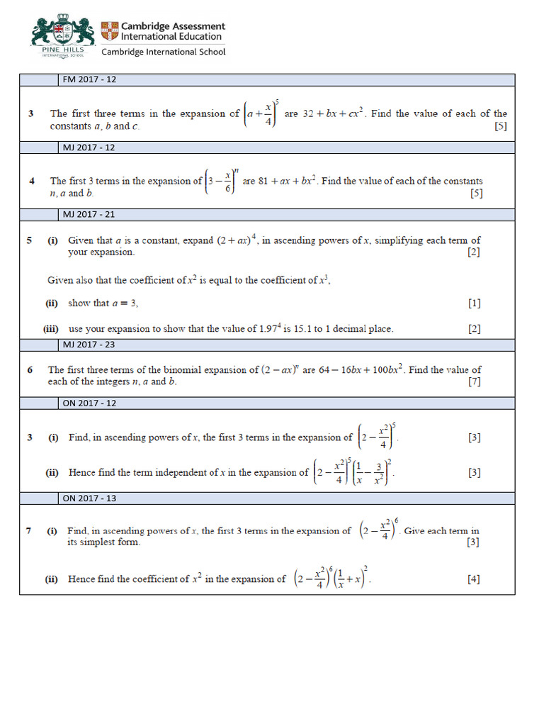 IGCSE Add Maths Binomial Expansions - 2017 | PDF