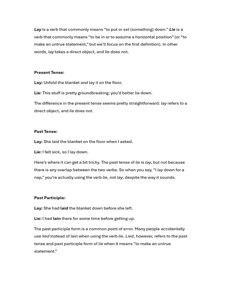 Understanding Lay vs. Lie Verbs | PDF