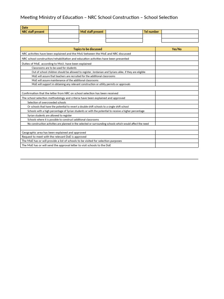 Checklist MoE Meeting - School Selection Criteria | PDF
