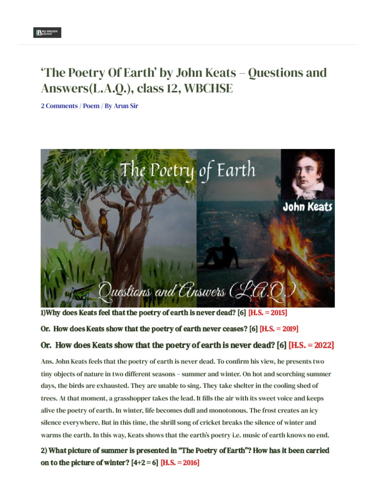 The Poetry of Earth' by John Keats - Questions and Answers (L.A.Q ...