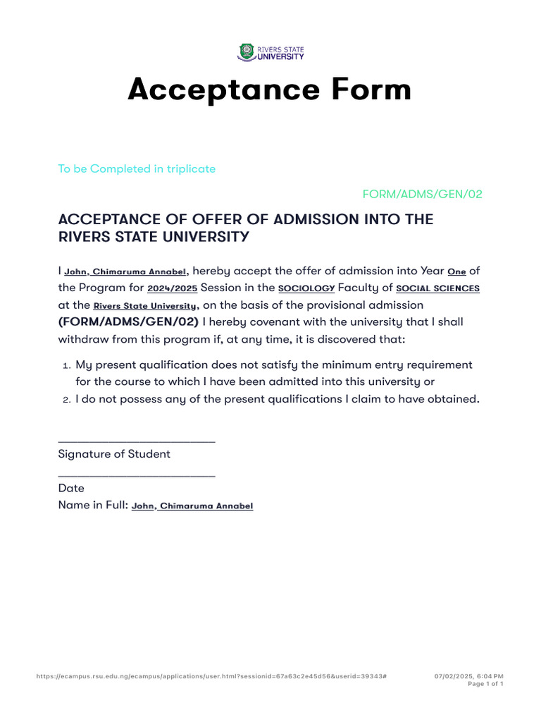 RSU Admission Acceptance Form | PDF