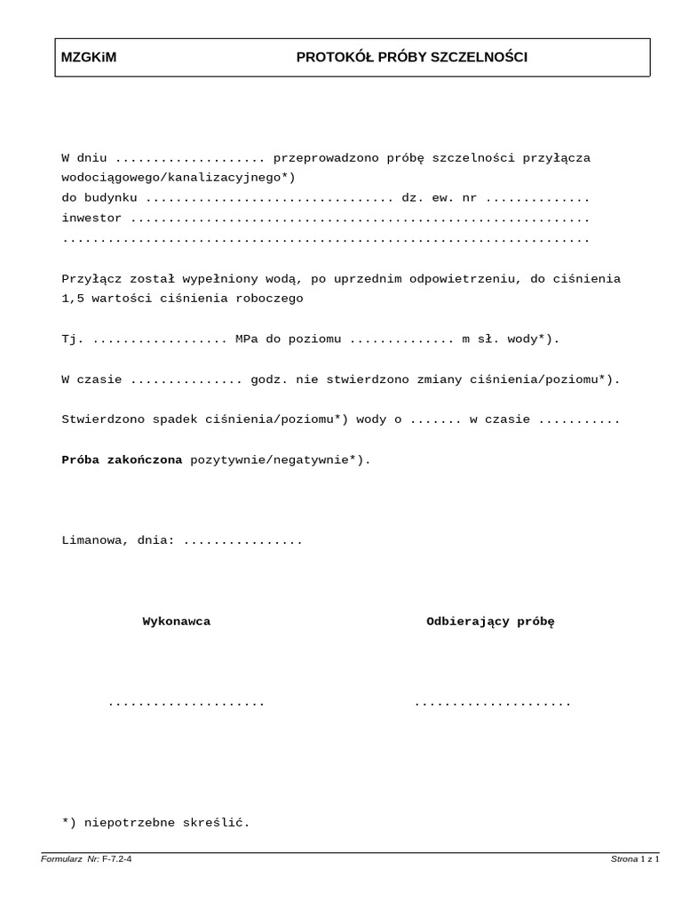 Protokol Proby Szczelnosci | PDF