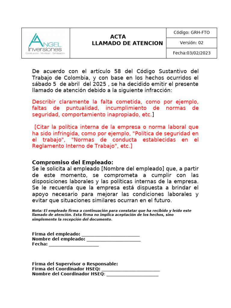 Acta Llamado de Atención | PDF
