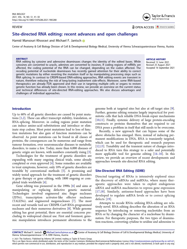 Site-Directed RNA Editing - Recent Advances and Open Challenges | PDF | Rna | Crispr