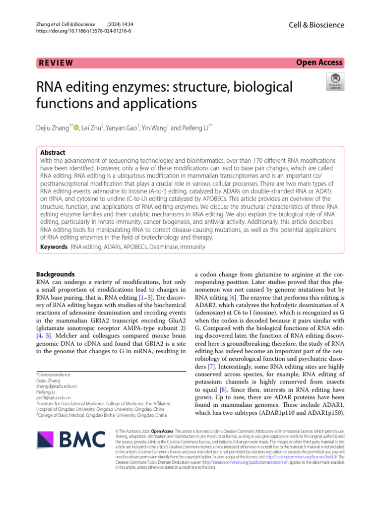 RNA Editing Enzymes - Structure, Biological Functions and Applications ...