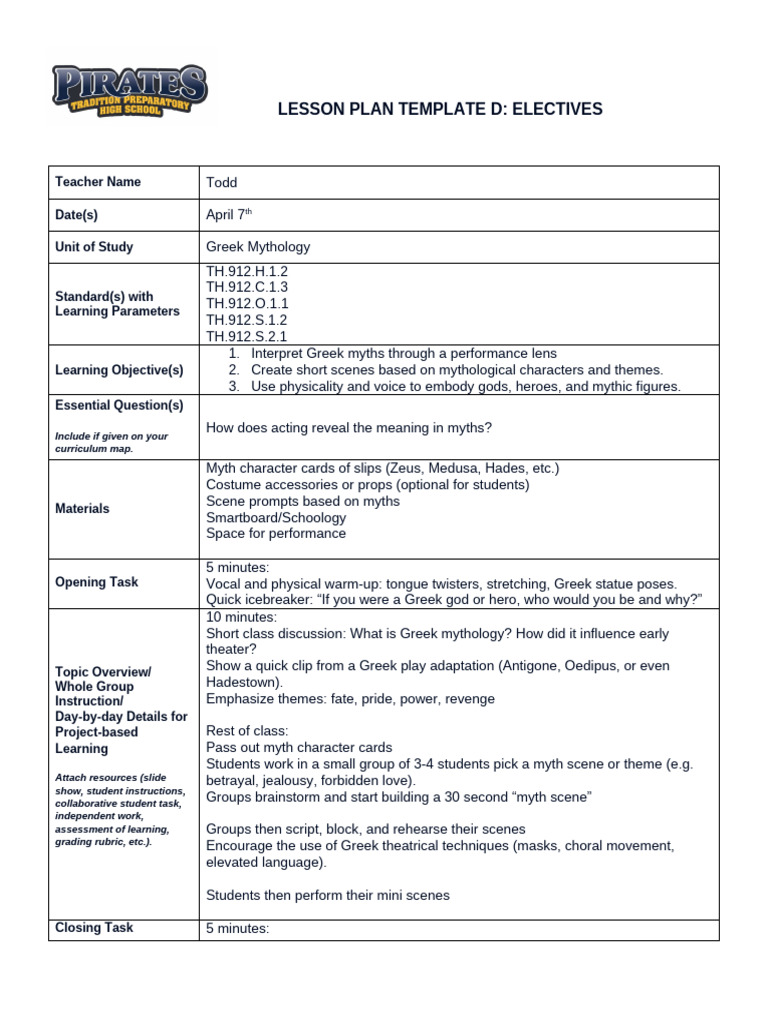 Example Theater_Acting Lesson Plan | PDF | Greek Mythology | Lesson Plan