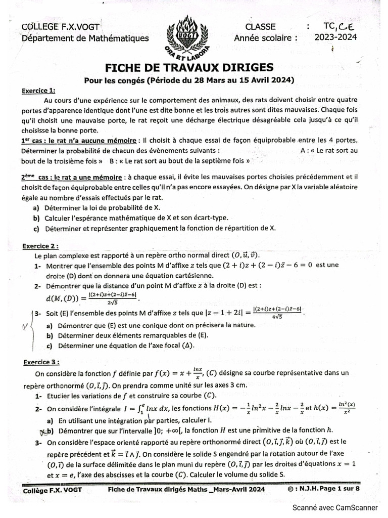 Fiche de TD Maths Tle C Collège VOGT Congés de Pâques 2024 | PDF