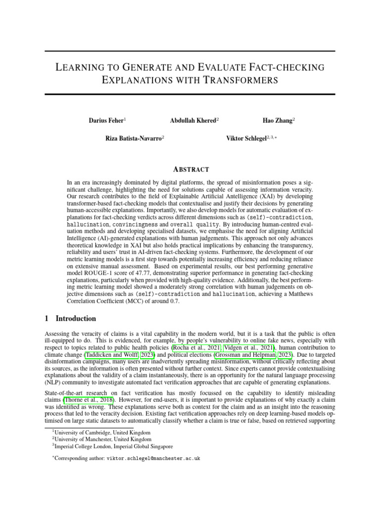LEARNING TO GENERATE AND EVALUATE FACT-CHECKING EXPLANATIONS WITH TRANSFORMERS | PDF