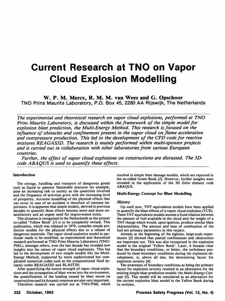 Current Research at TNO On Vapor Cloud Explosion Modelling: W. P. M ...
