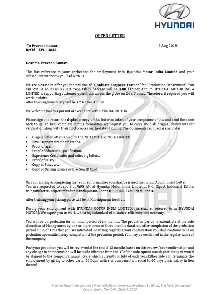 Hyundai Graduate Engineer Trainee Offer | PDF | Expense | Employment