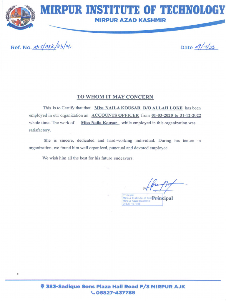 Exp Letter & LOR Naila Kousar | PDF