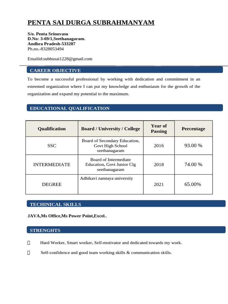 Sai Durga Subramanyam Resume | PDF
