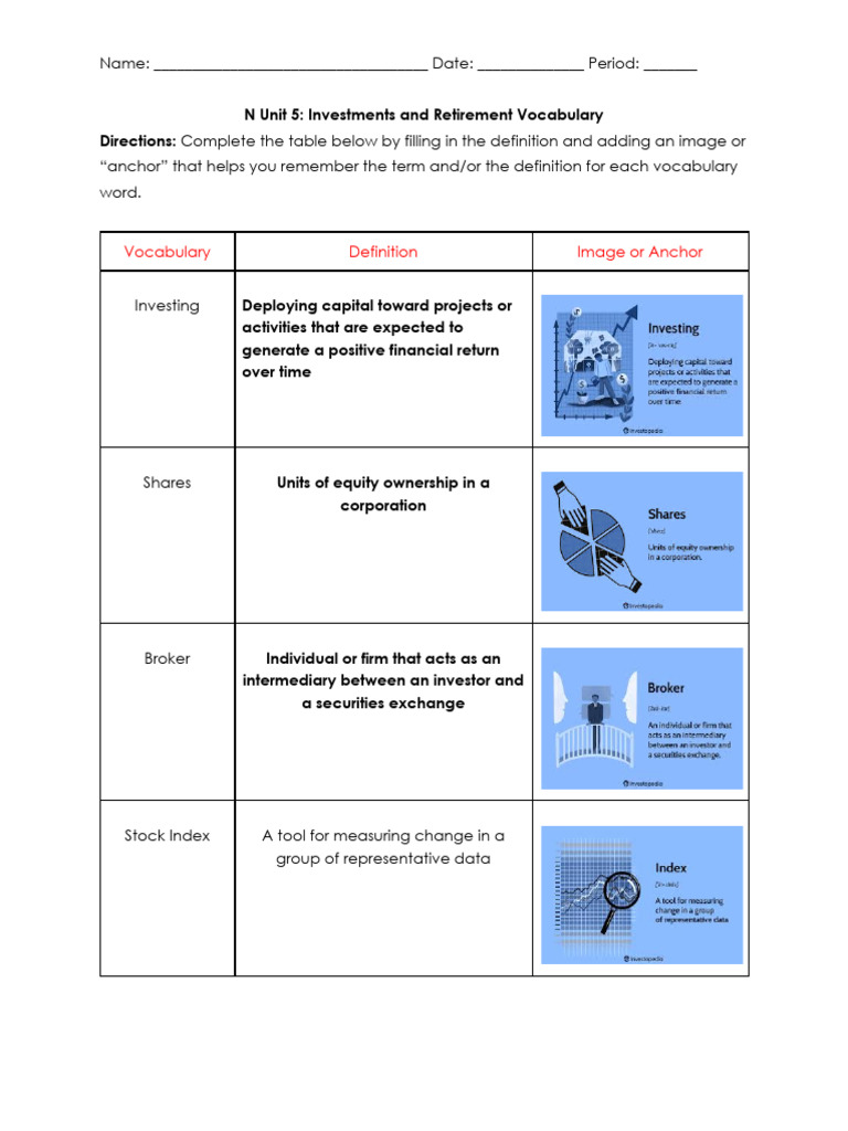 Investment and Retirement Vocabulary Guide | PDF | Stocks | Investing