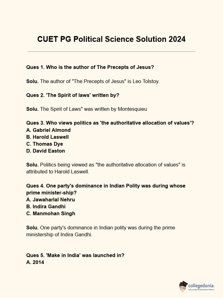 CUET PG Political Science Solution 2024 | PDF | Political Science
