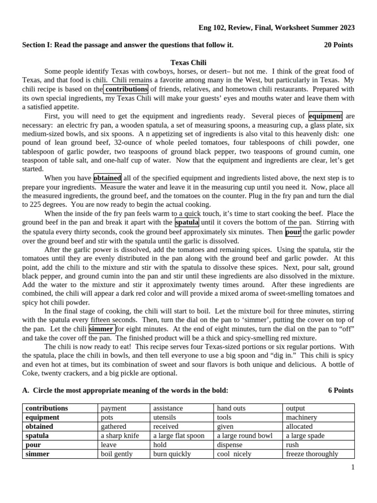 Eng 102 Review Worksheet Final Sum 2023 - 1895944815 | PDF | Teaspoon | Chili Pepper