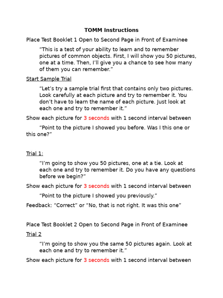 TOMM Instructoins | PDF