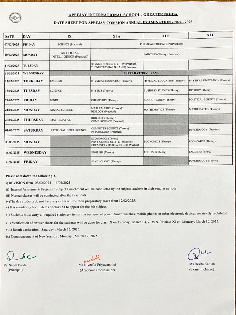 Apeejay Common Annual Exam Datesheet (IX XI) | PDF