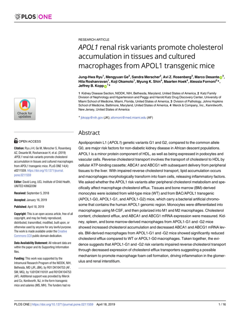 APOL1 Renal Risk Variants Promote Cholesterol Accu | PDF | Macrophage ...