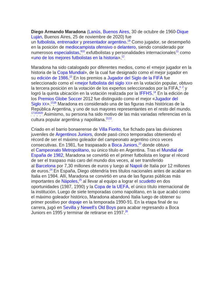 Biografía resumida de Maradona | PDF | Diego Maradona | Asociación de ...