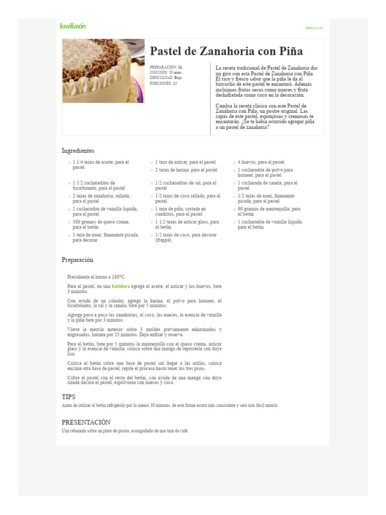 Pastel de Zanahoria y Piña Fácil | PDF | Pasteles | Confitería
