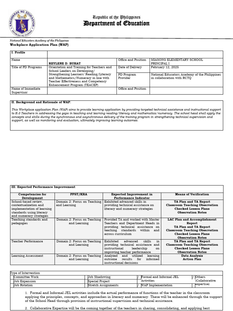 WAP For School Heads SAMPLE | PDF | Teachers | Lesson Plan